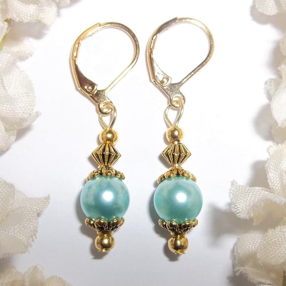 wvluckygirl | Jewelry | Gold And Turquoise Blue Pearl Earrings Drop ...